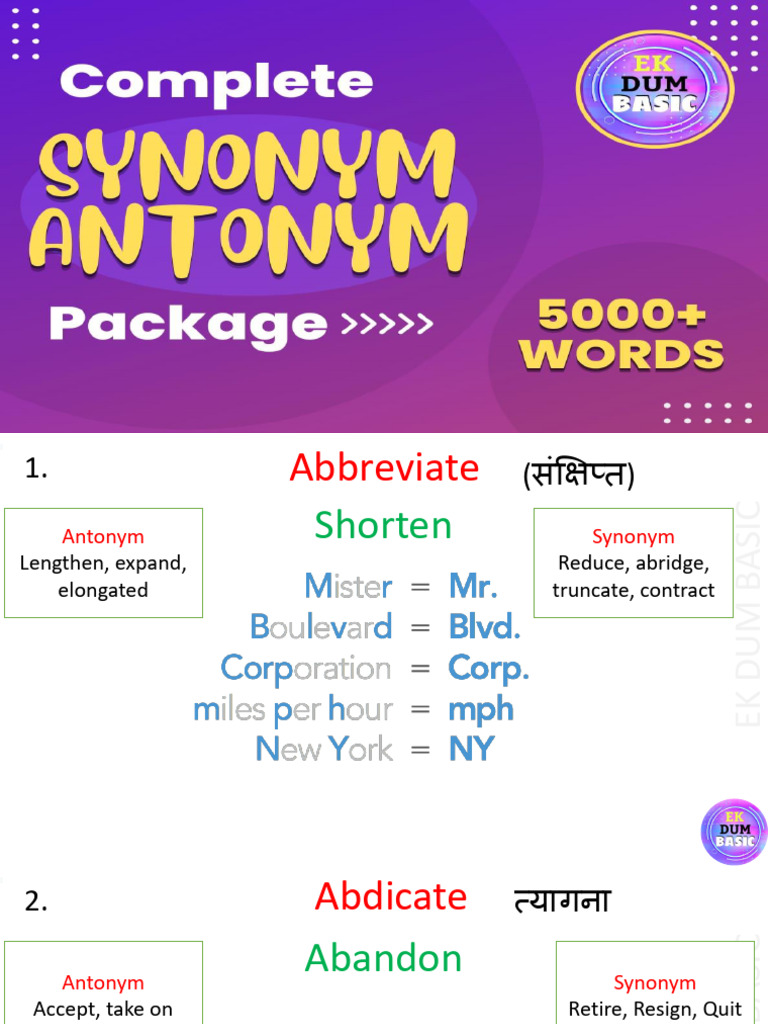 Complete Synonyms Antonym Package 5000+ Words (Ek Dum Basic) | PDF