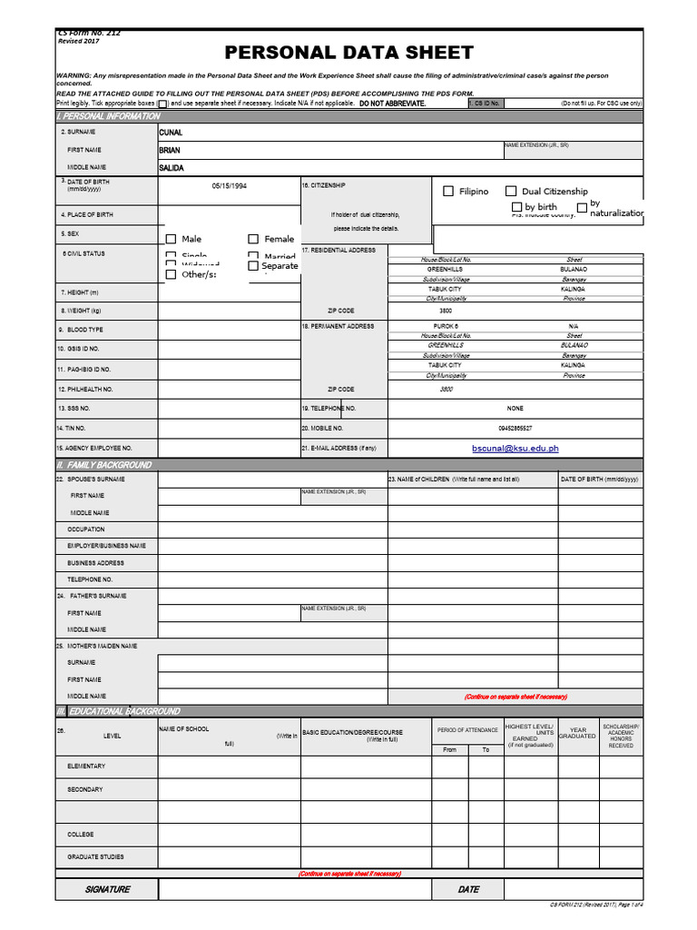 Personal Data Sheet (PDS) Template | PDF | Government