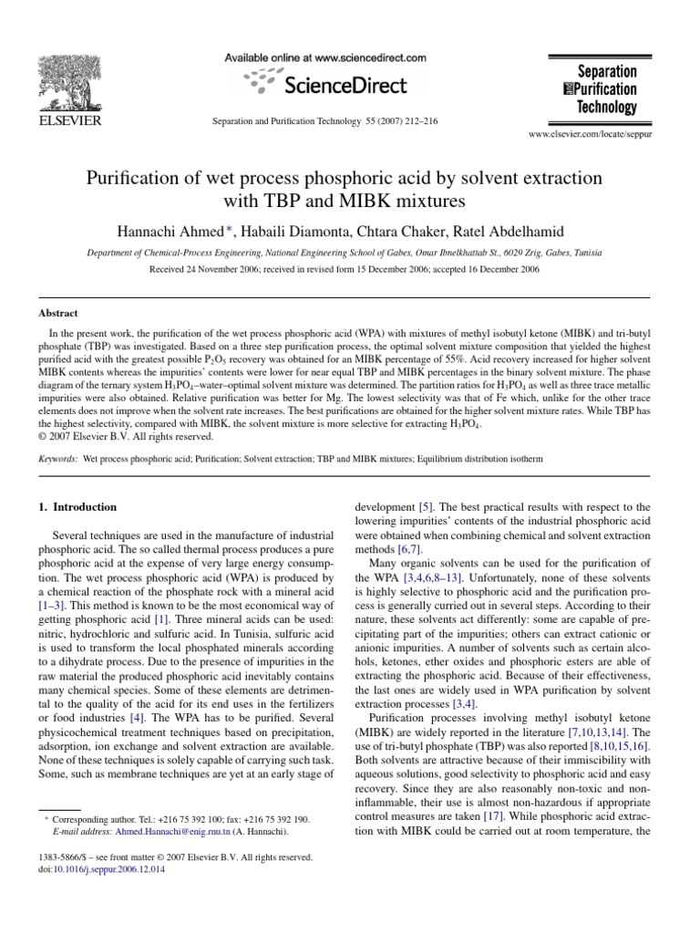 07-Purification of Wet Process Phosphoric Acid by Solvent Extraction | PDF | Acid | Phase (Matter)
