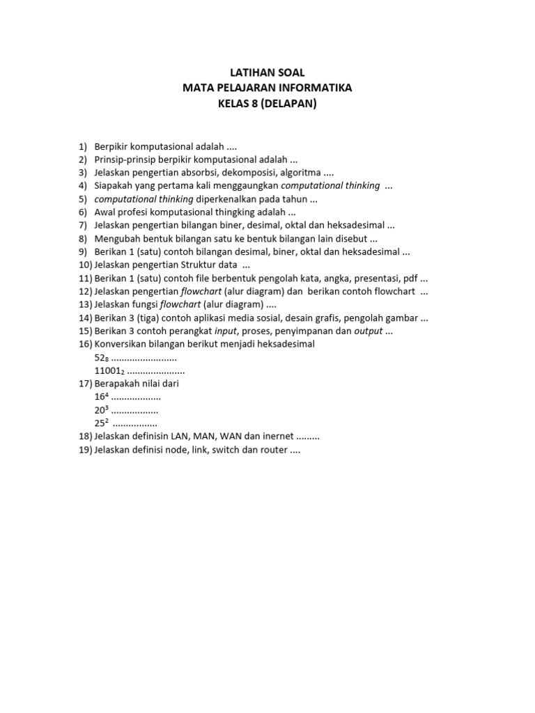 Latihan Soal Informatika KLS 8 | PDF | Komputer