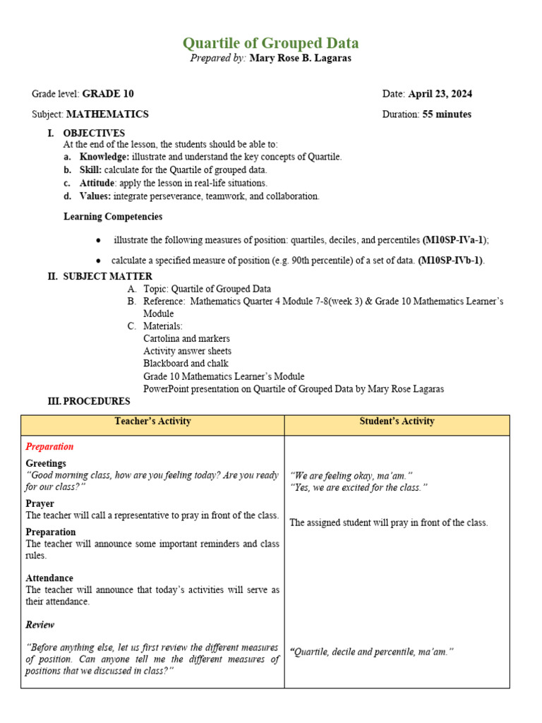 Detailed Lesson Plan On Quartile of Grouped Data | PDF | Quartile | Cognition