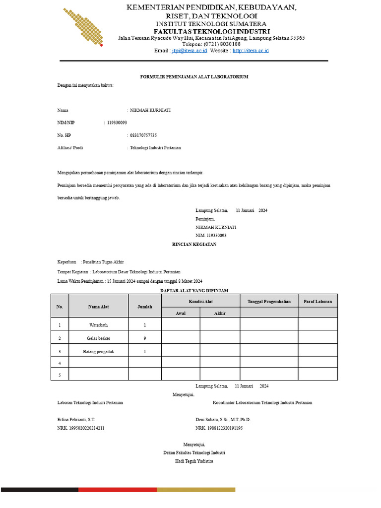 Formulir Peminjaman Alat Laboratorium | PDF