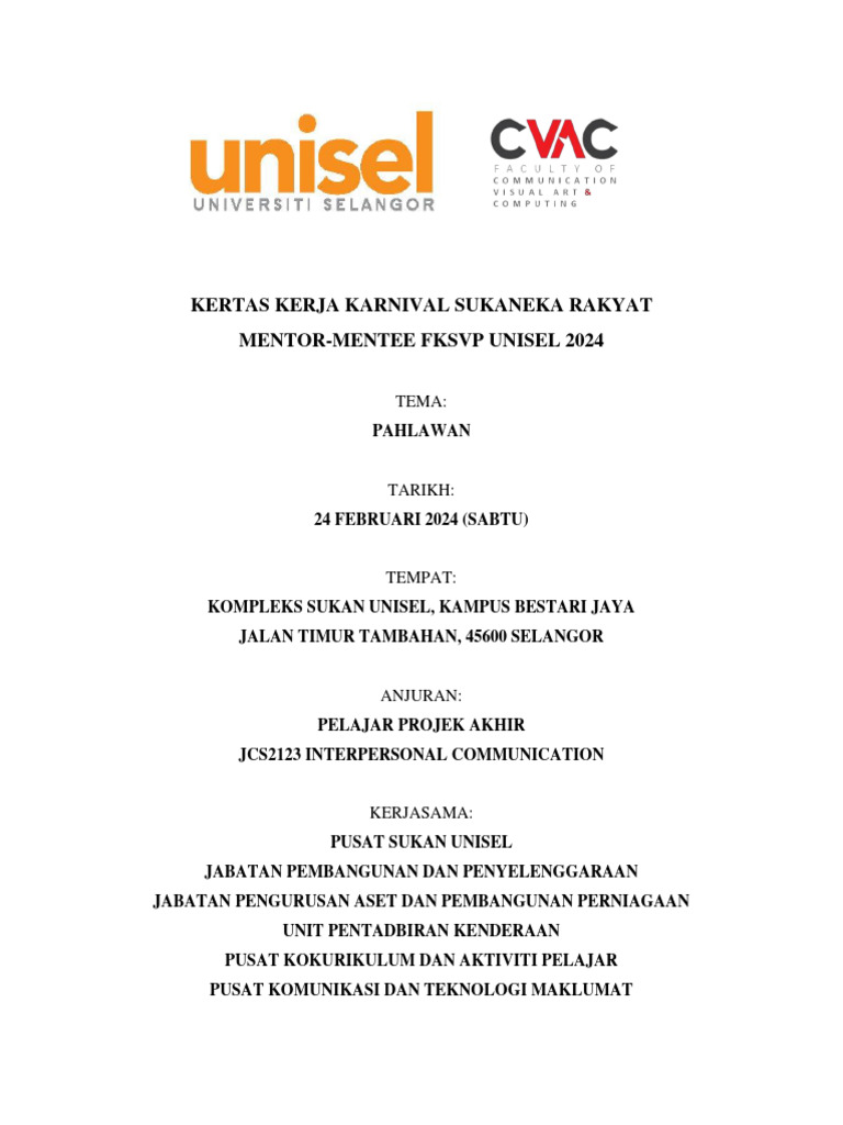 Kertas Kerja Sukaneka Rakyat Mentor-Mentee FCVAC Unisel 2024 | PDF