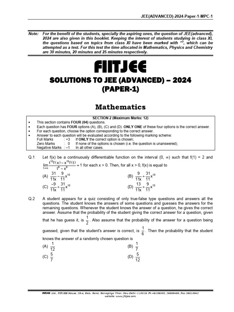 JEE Advanced 2024 - Paper-1 Booklet | PDF | Force | Physics