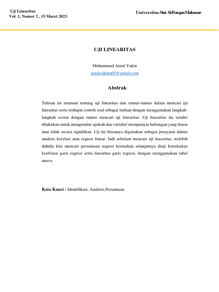 Artikel Uji Linearitas (Muhammad Ainul Yakin) | PDF