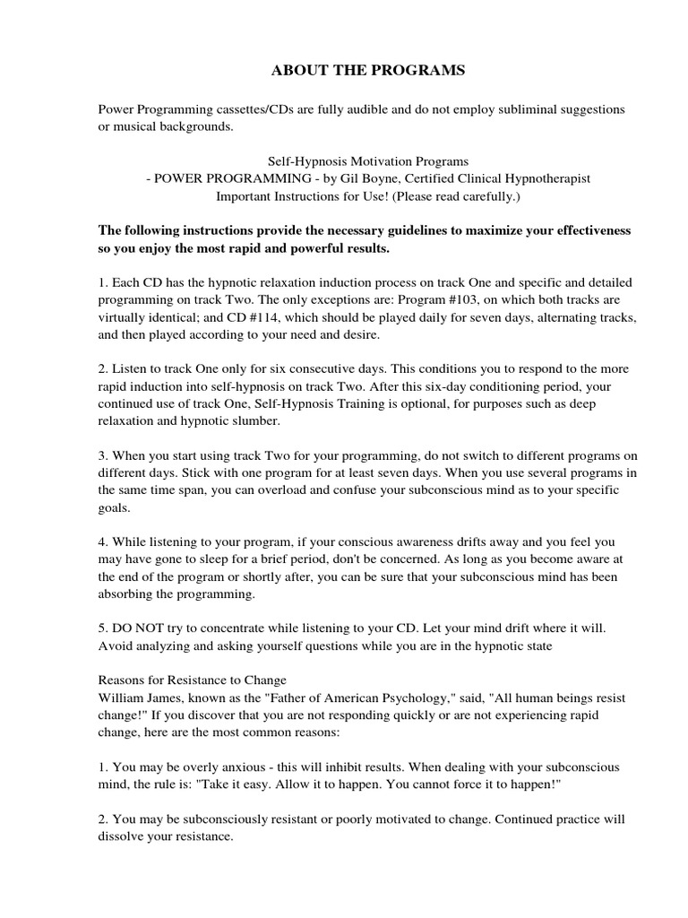 Gil Boyne - Power Programming Instructions | PDF | Hypnosis | William James