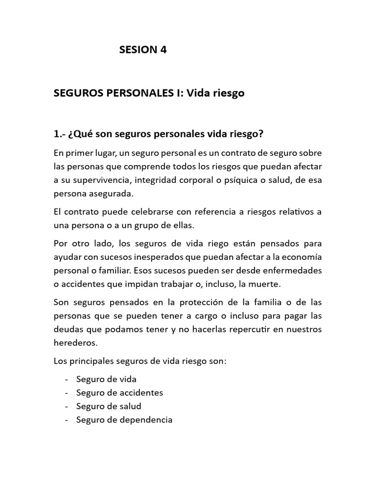 Sesión 4. SEGUROS PERSONALES SEGUROS DE VIDA RIESGO I | Descargar gratis PDF | Seguro de vida ...