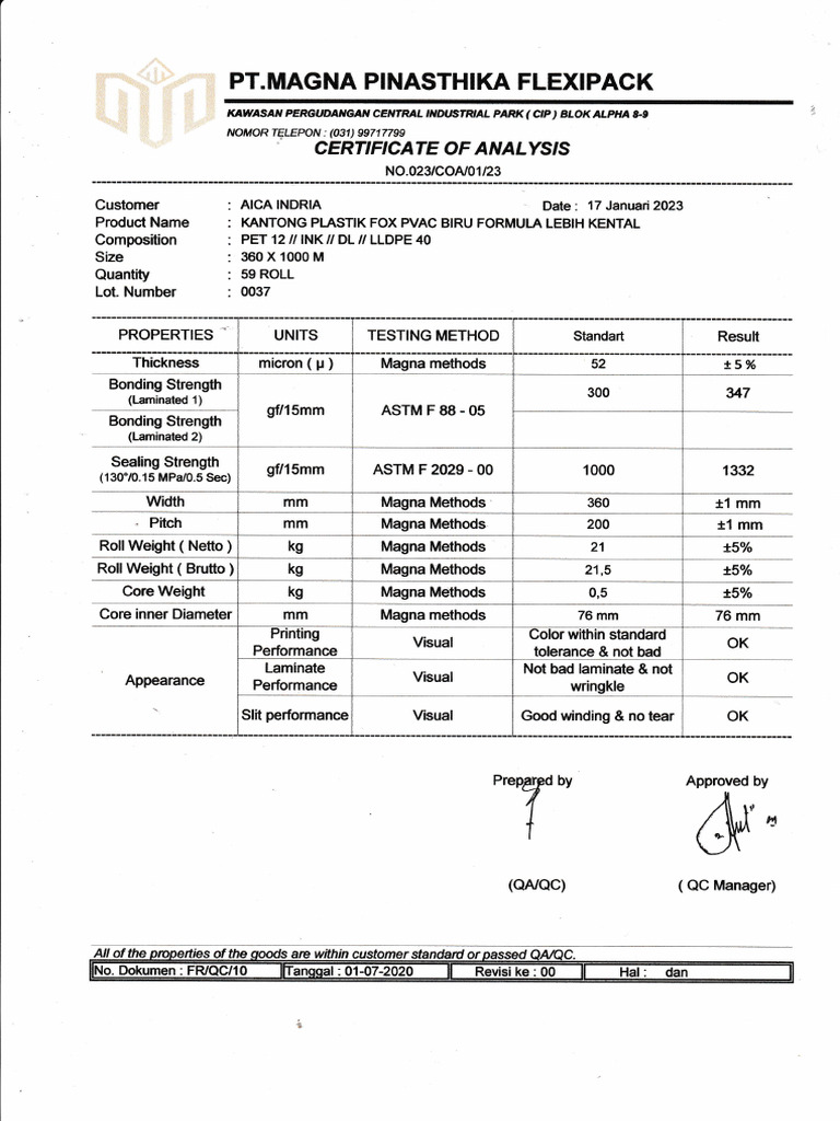 Coa Kantong Plastik Fox Pvac Biru Formula Lebih Kental | PDF | Lamination | Materials