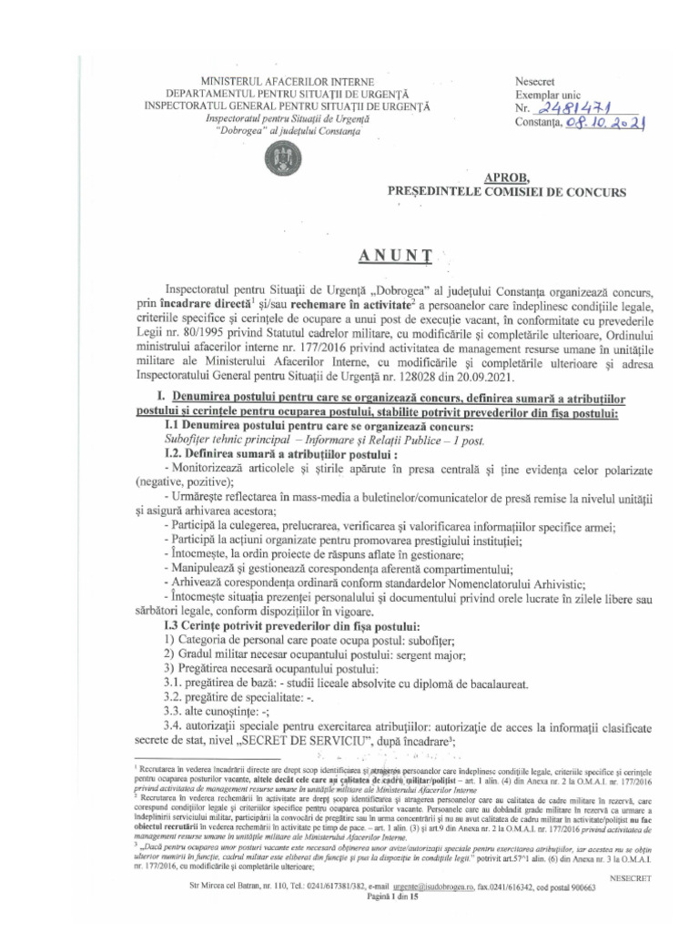 Anunt Concurs Subofiter Tehnic Principal Informare Si Relatii Publice | PDF