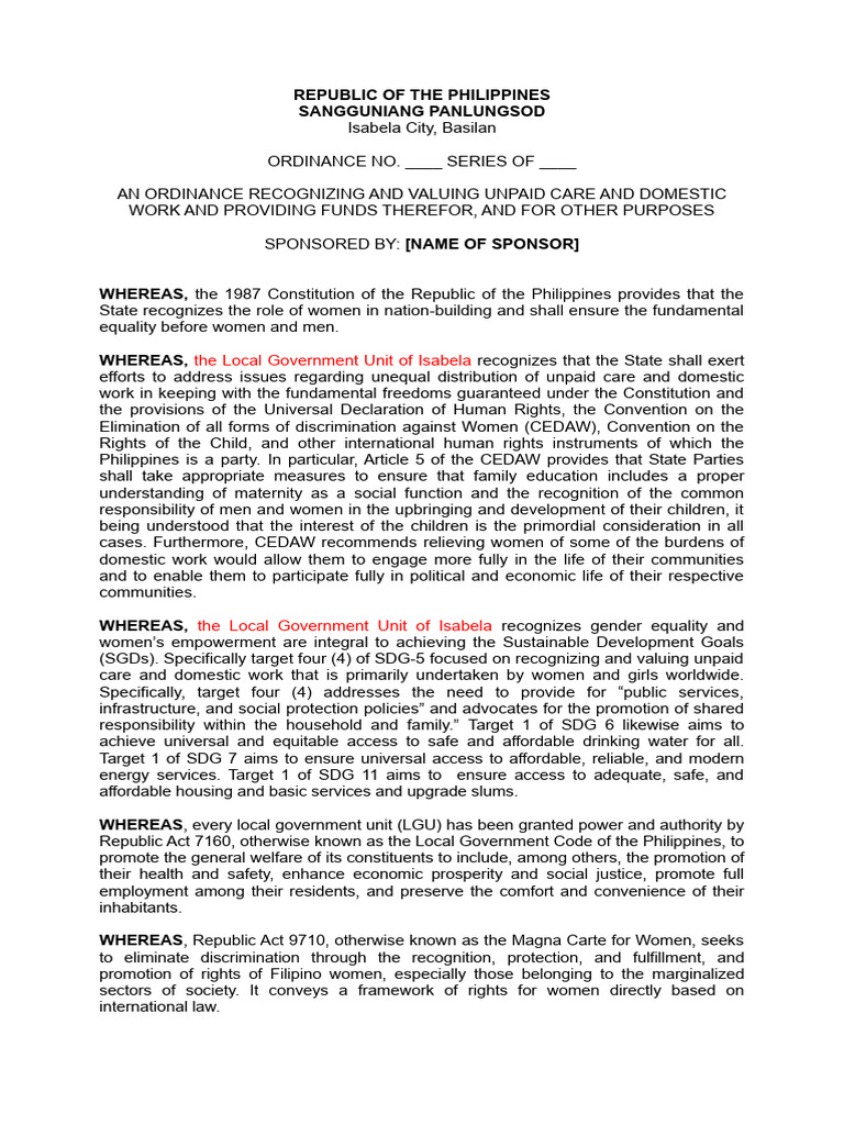 UCDW Model Ordinance (For Sharing With BAYI Fellows) | PDF | Convention On The Elimination Of ...