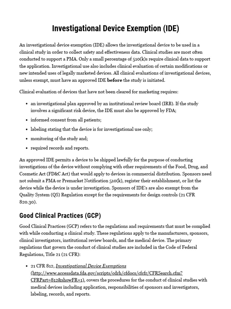 Investigational Device Exemption (IDE) - FDA | PDF | Federal Food ...