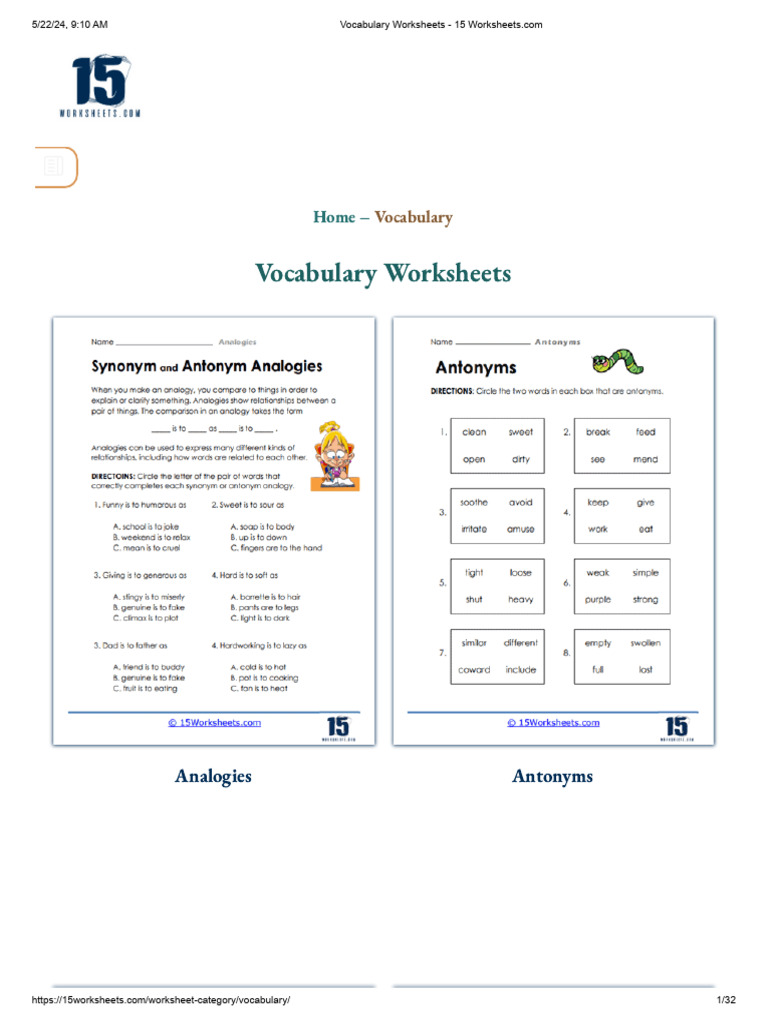 Vocabulary Worksheets - 15 | PDF | Word | English Language