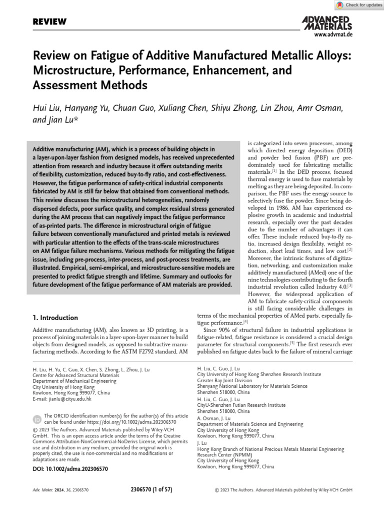 Advanced Materials - 2023 - Liu - Review On Fatigue of Additive ... Advanced Materials - 2023 - Liu - Review On Fatigue of Additive ...