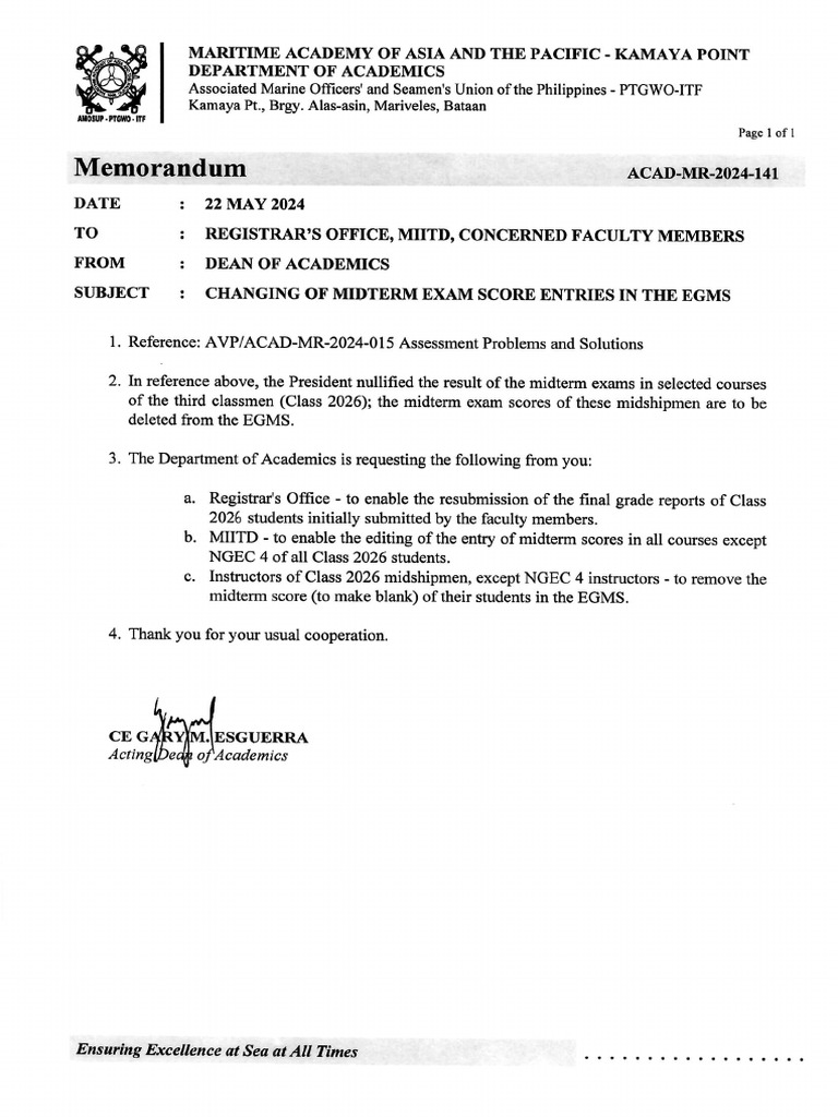Acad MR 2024 142 Changing of Midterm Exam Score Entries in The Egms | PDF