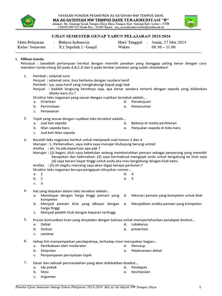 02 Soal Bhs Indonesia Kls 10 THN 2023-2024 Genpa ACC | PDF | Seni & Disiplin Bahasa