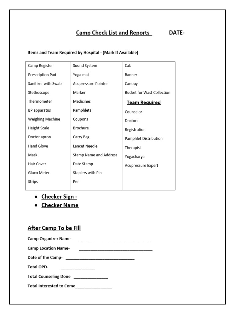 Camp Checklist and Team Requirements | PDF | Wellness