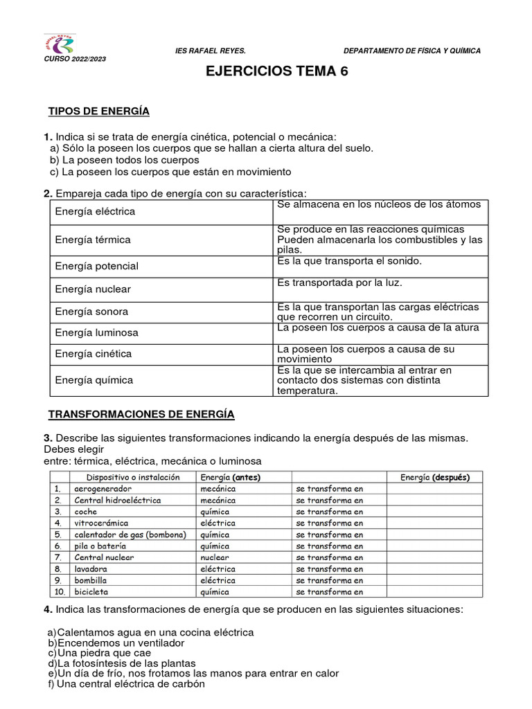 Ficha Ejercicios. TEMA 7 | PDF | Química | Energía cinética