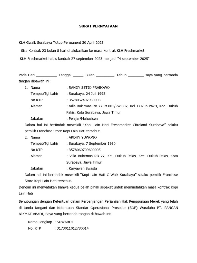Surat Pernyataan KLH Freshmarket Dan Gwalk Sby | PDF | Bisnis