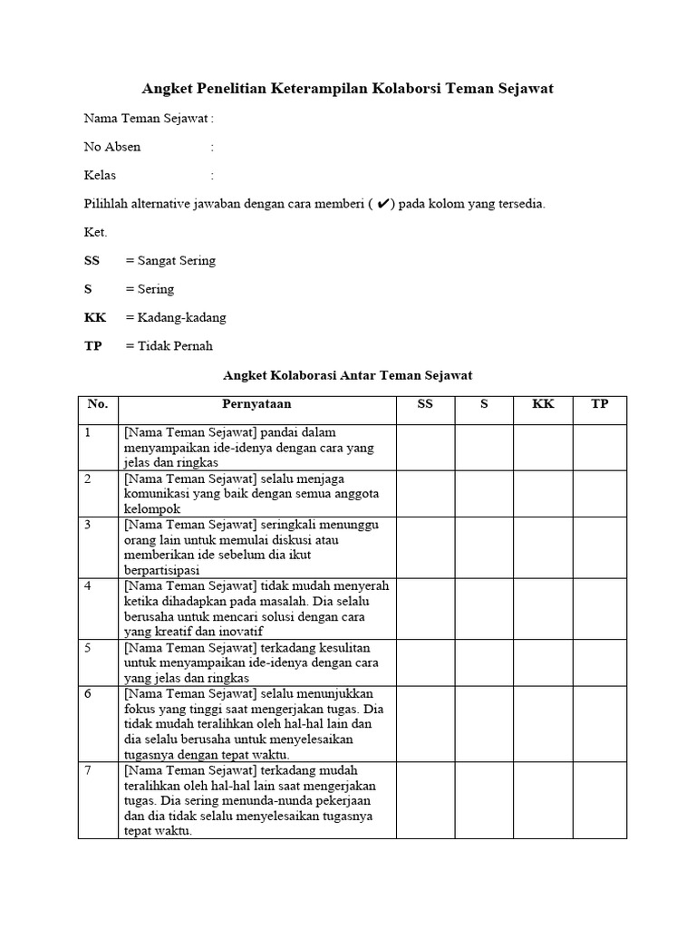 Angket Penelitian Keterampilan Kolaborsi Teman Sejawat | PDF | Seni & Disiplin Bahasa ...
