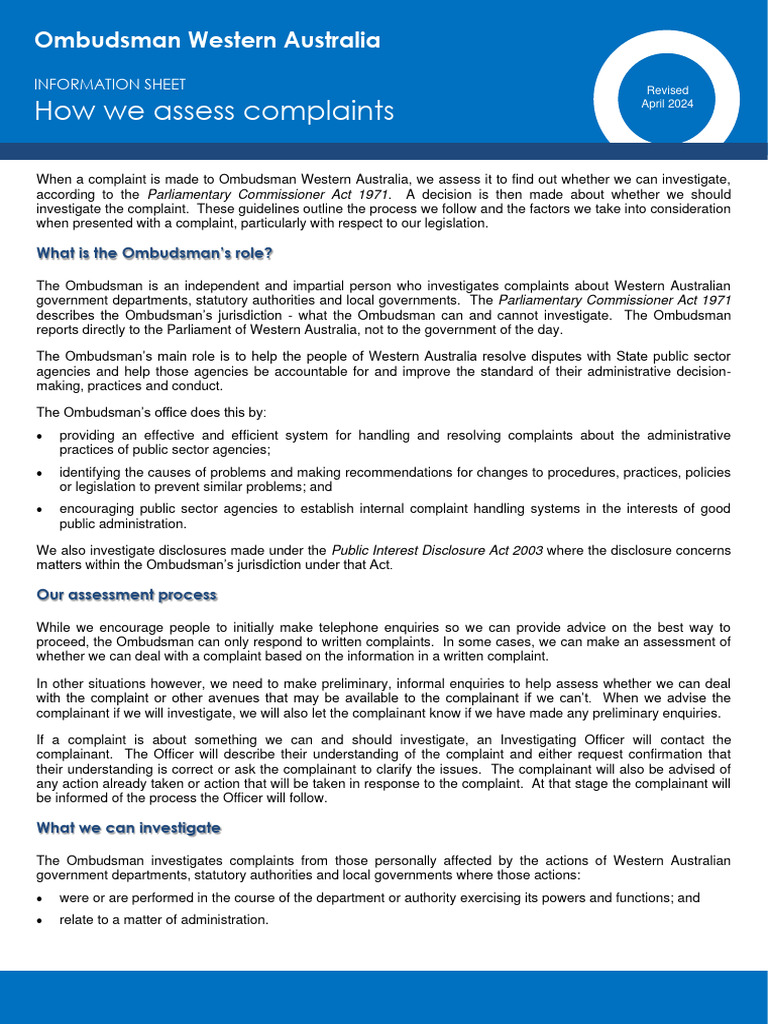 Information Sheet - How We Assess Complaints (Ombudsman) | Download ...