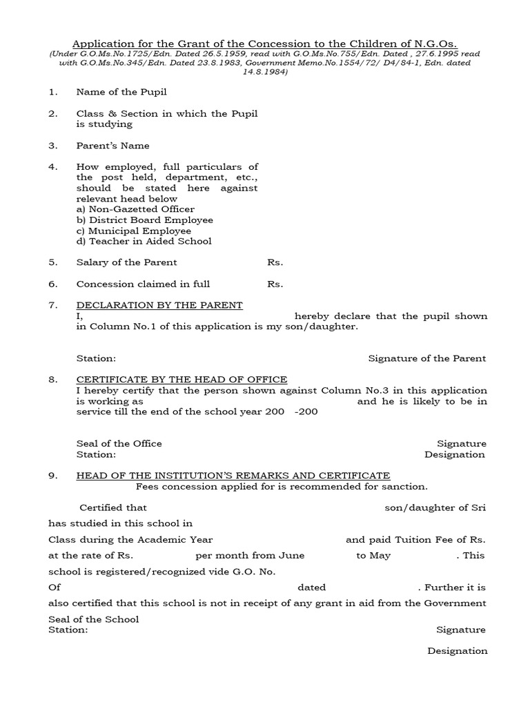 Application of Education Concession Proforma | PDF