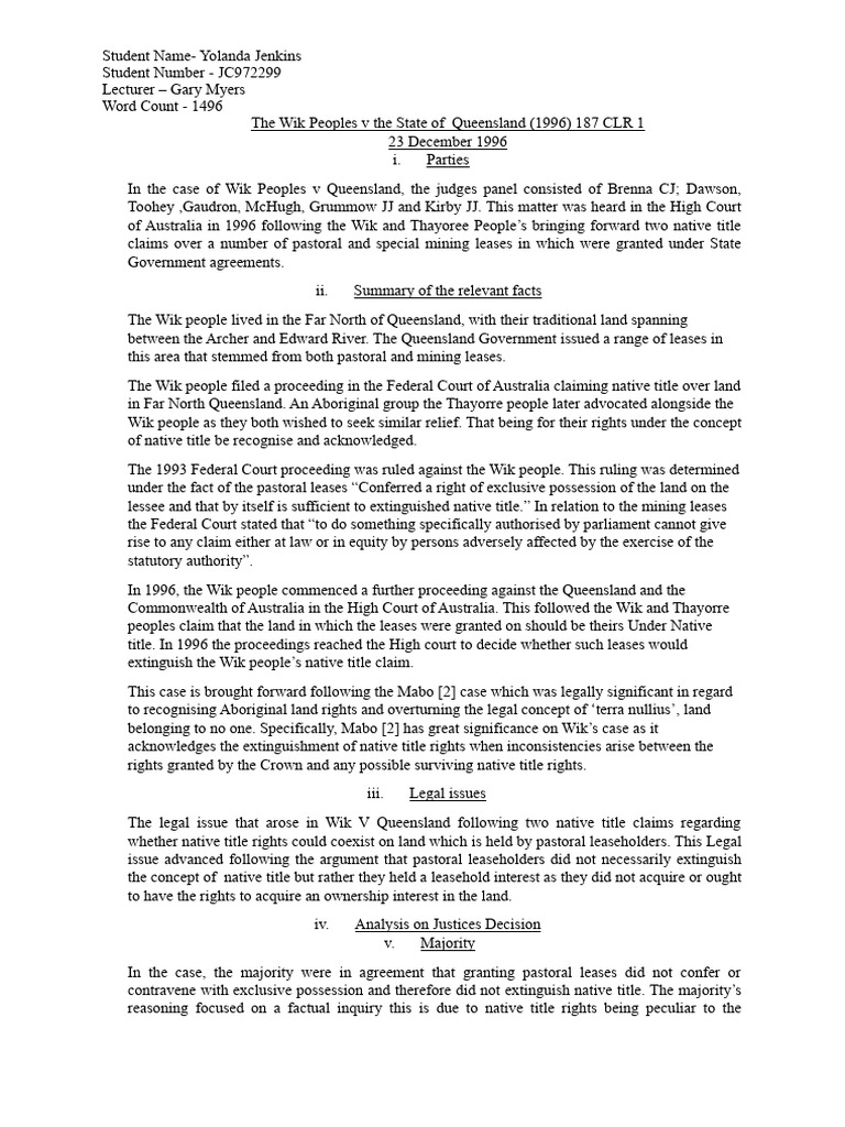 Wik Peoples v Queensland: Native Title Case | PDF | Civil Law (Common ...