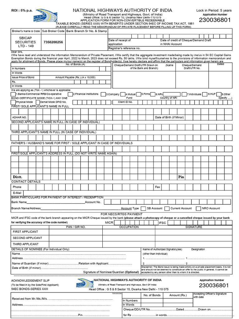 NHAI 54EC Bonds Application Form | PDF | Cheque | Banks