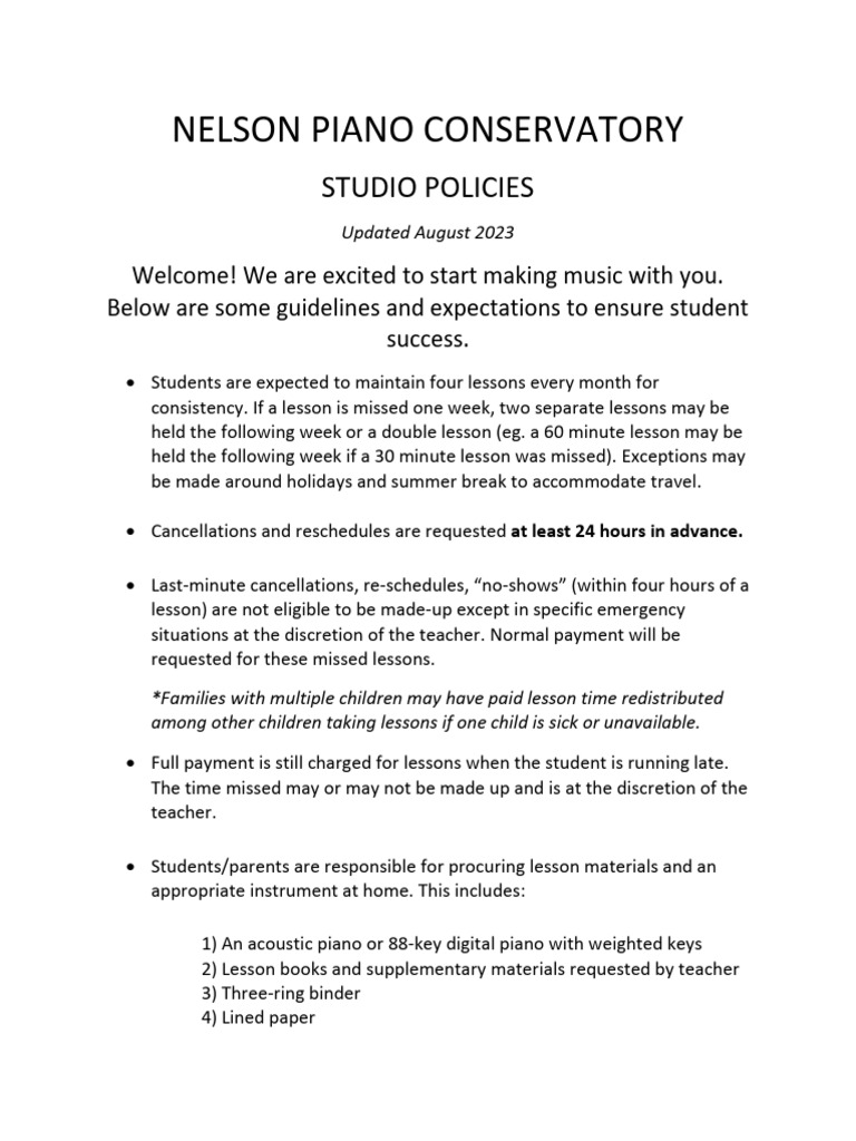 Nelson Piano Conservatory Policies | PDF
