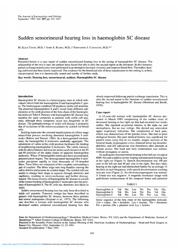 Sudden Sensorineural Hearing Loss in Haemoglobin SC Disease | PDF ...