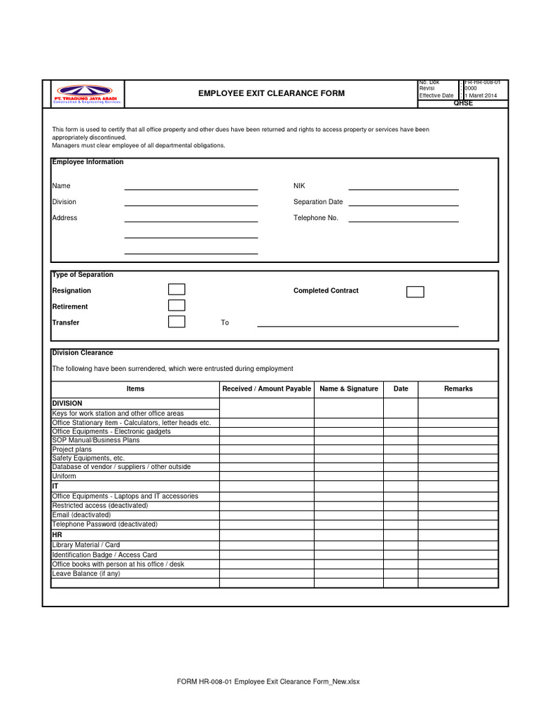 FORM HR-008-01 Employee Exit Clearance Form - New | PDF | Employment ...