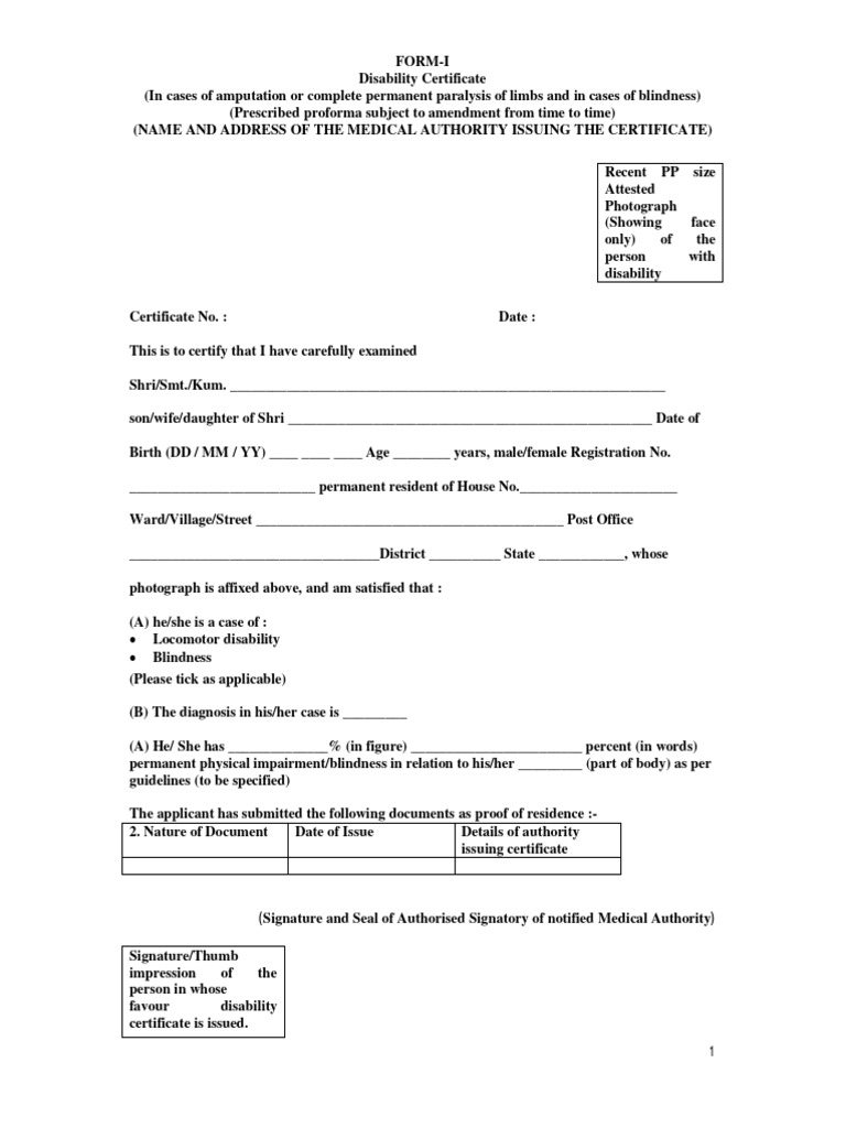 Disability Certificate Format | PDF | Disability | Visual Impairment