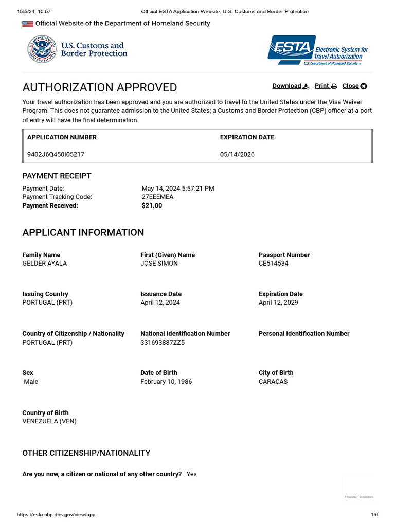 Official ESTA Application Website, U.S. Customs and Border Protection | PDF
