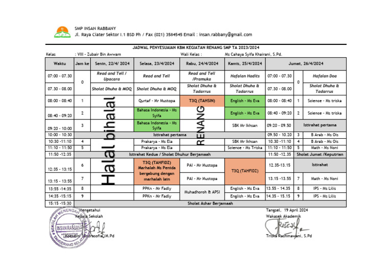 Jadwal Kelas VIII SMP Insan Rabbany | PDF