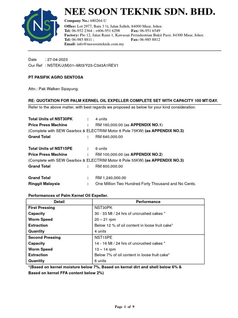Nstek.j (Mi) 01-M03.y23-C343a1rev1-Quotation For Palm Kernel Oil Expeller Complete Set With ...