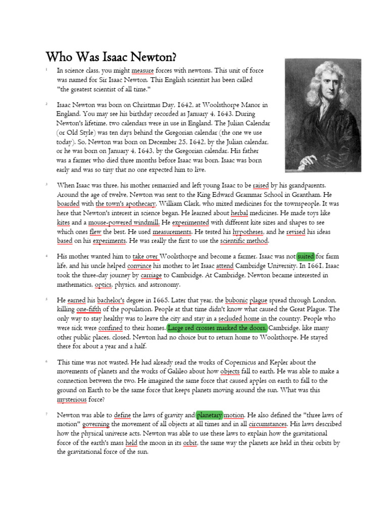 Sir Isaac Newton-Reading Sheet | PDF | Force | Isaac Newton