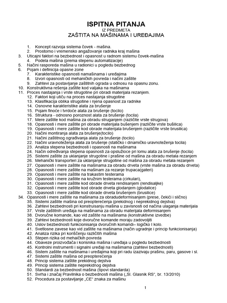 ISPITNA PITANJA Zaštita Na Mašinama | PDF