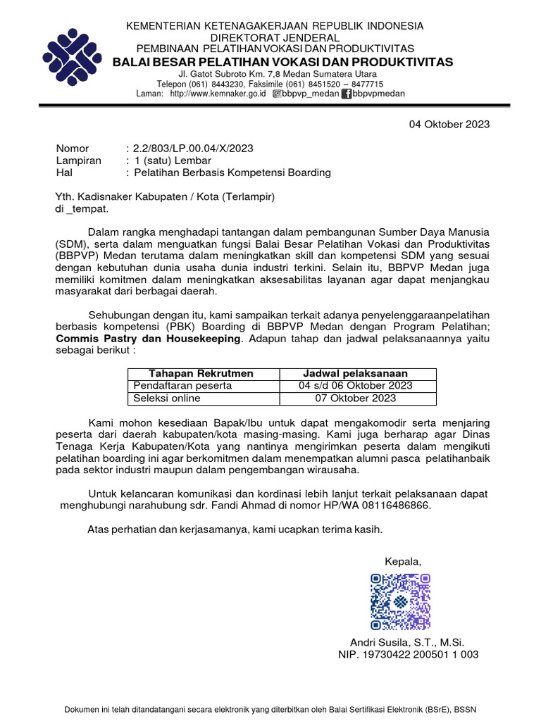 Surat PBK Boarding Oktober Pastry Dan Housekeeping - Sign - 4656 | PDF