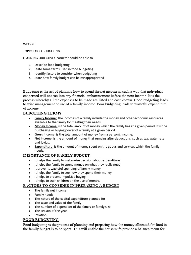 Lesson Note On Food Budgeting Year 11 | PDF | Expense | Income