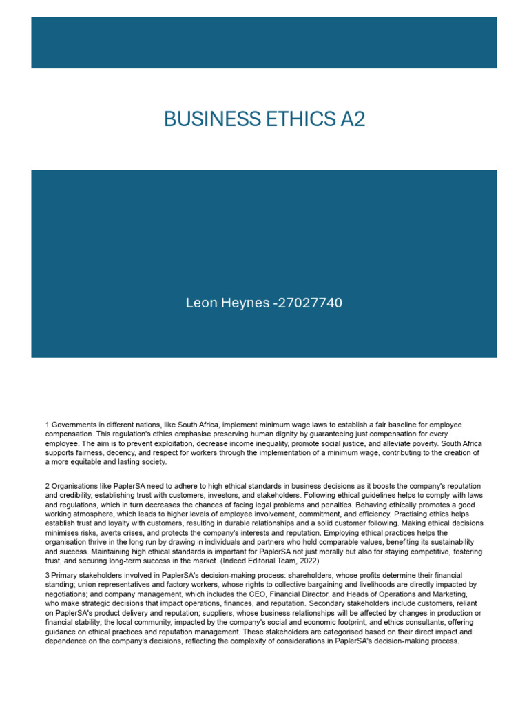 Business Ethics Project A2 Final | PDF | Reputation | Employment