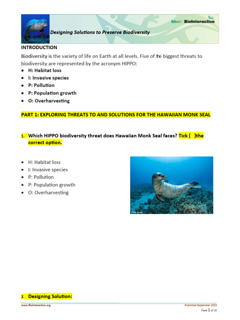 Hawaiin Monk Seal-Activity | PDF | Biodiversity | Invasive Species