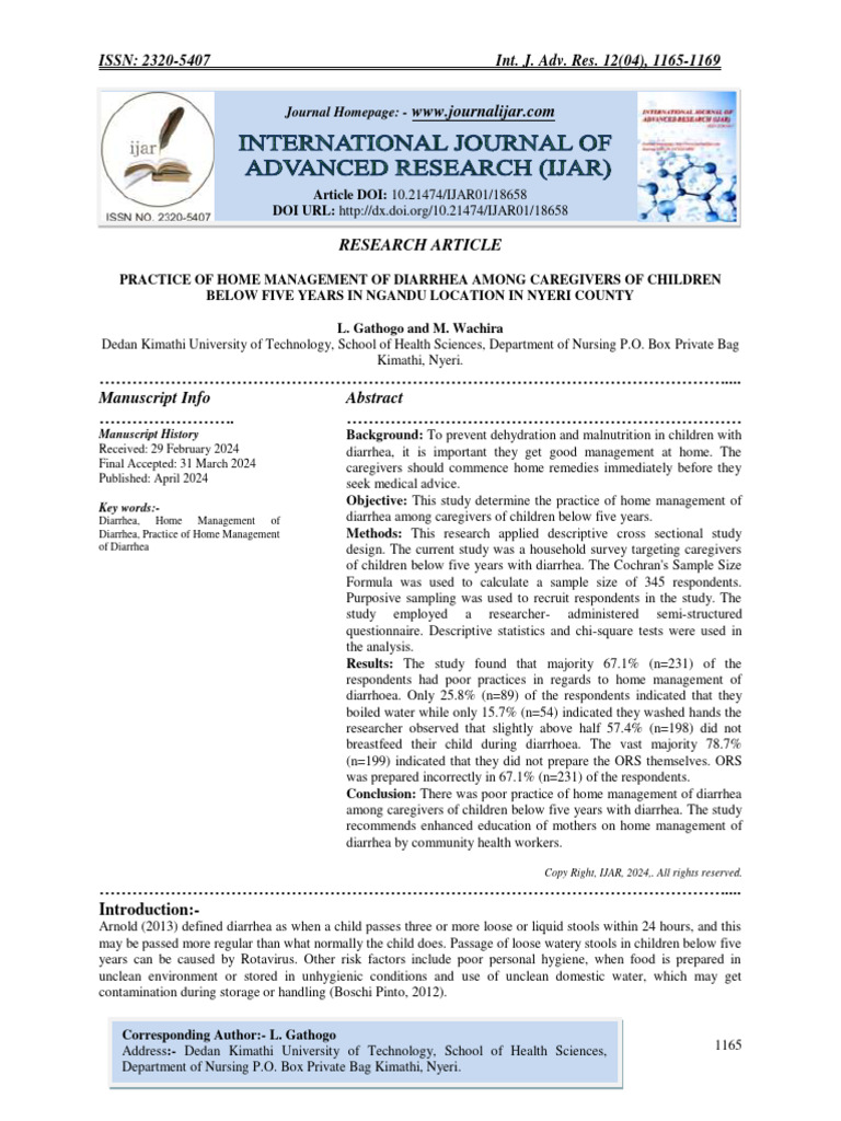 Practice of Home Management of Diarrhea Among Caregivers of Children Below Five Years in Ngandu ...