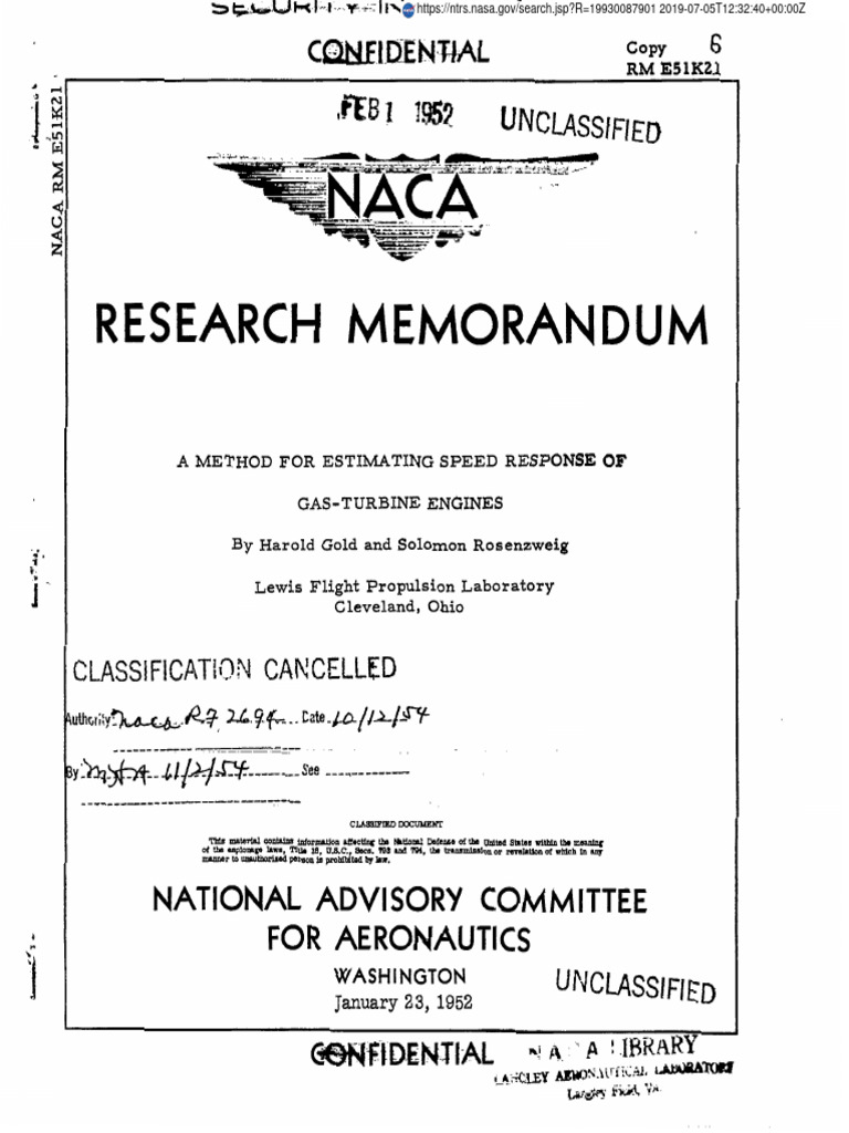 NACA-RM-E51K21 A Method For Estimating Speed Response of Gas-Turbine Engines | PDF | Steady ...