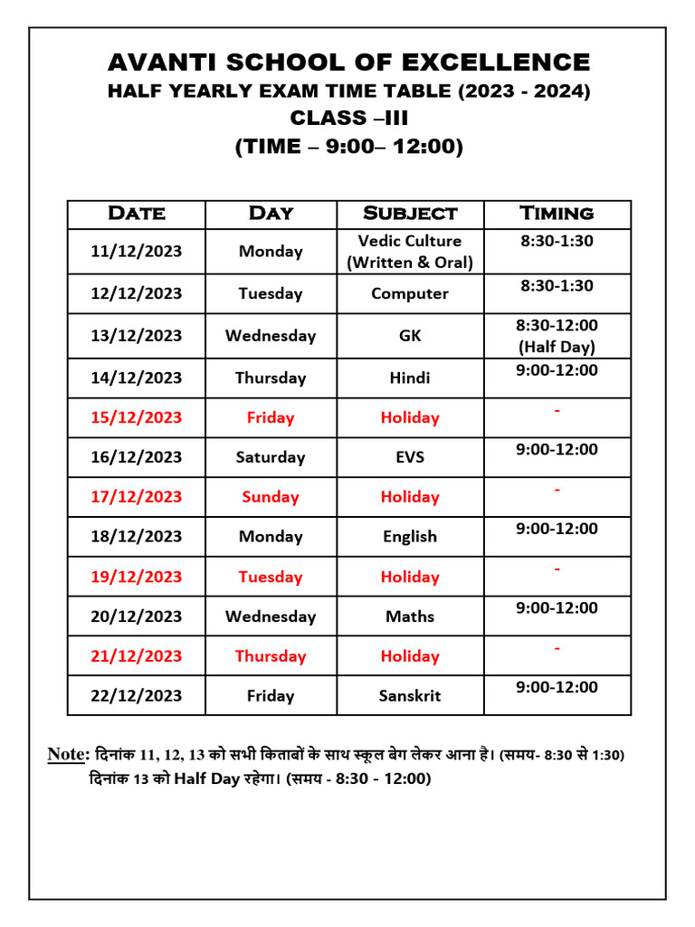 Class 3 Half Yearly Exam Timetable 2023 | PDF