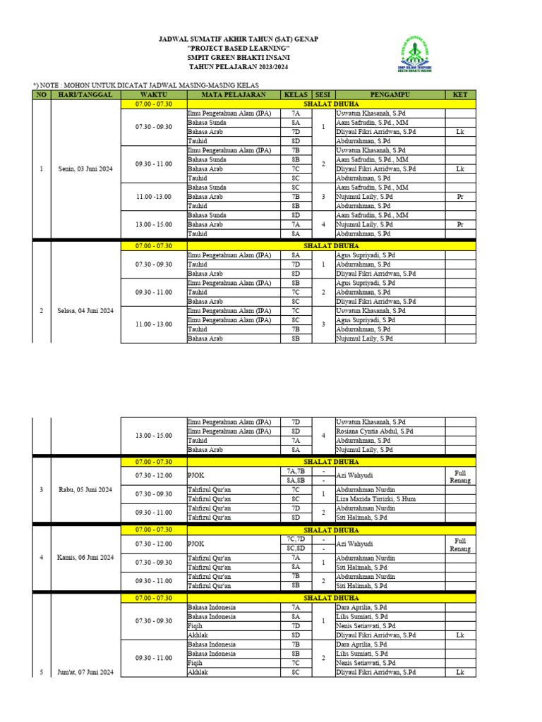Jadwal Sumatif Akhir Tahun-Pbl 2024 | PDF