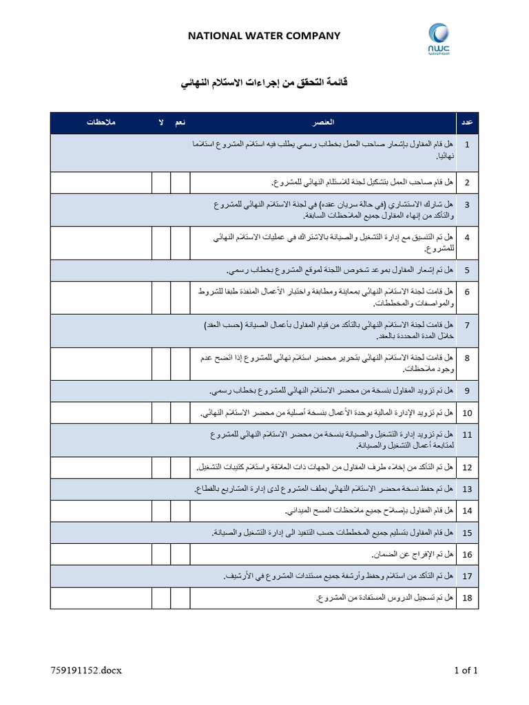 PMF-006-INT-019 v1 Final Handover Checklist | PDF