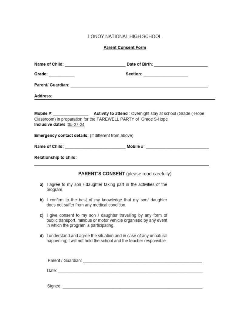Sample Parents Consent Form | PDF