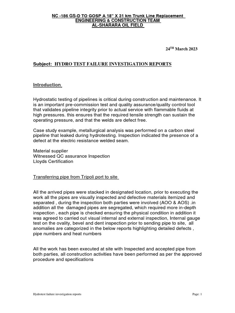 Hydrotest Failure Investigation Reports | PDF | Pipe (Fluid Conveyance ...