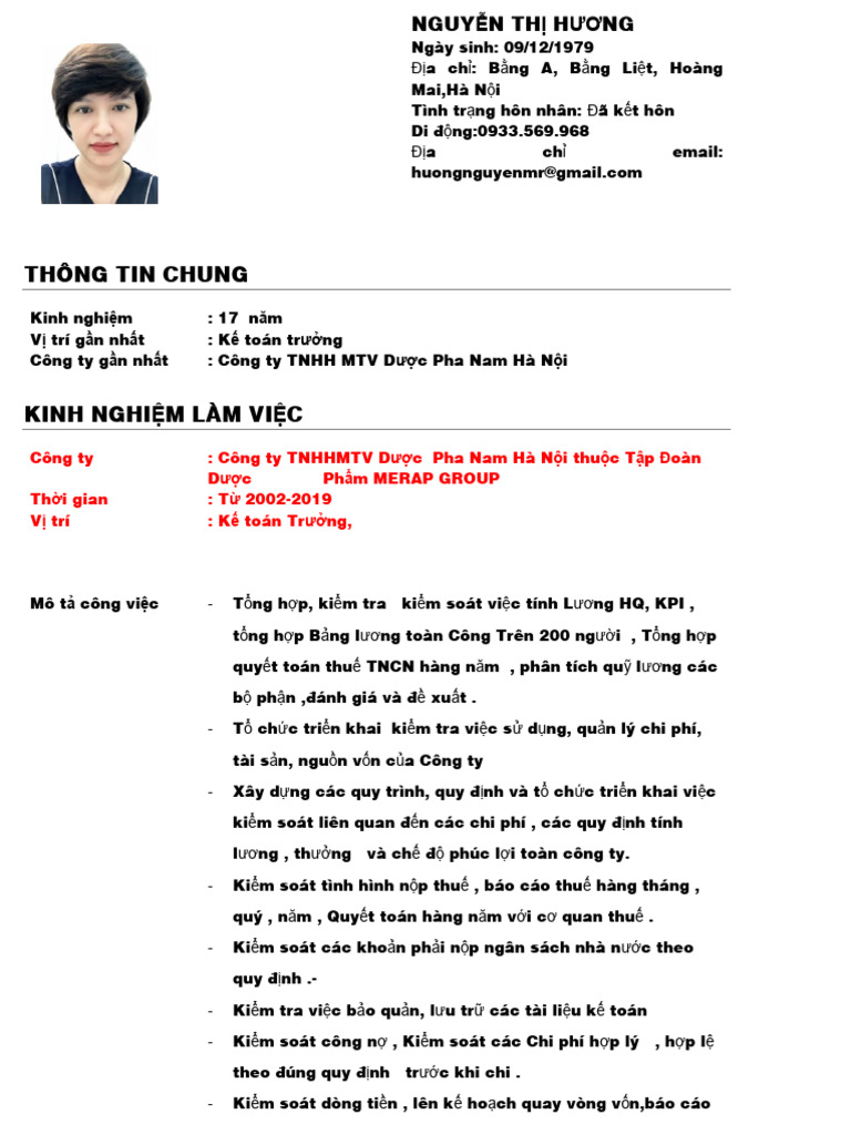 Cv -Nguyen Thi Huong - Ke Toan Truong | PDF
