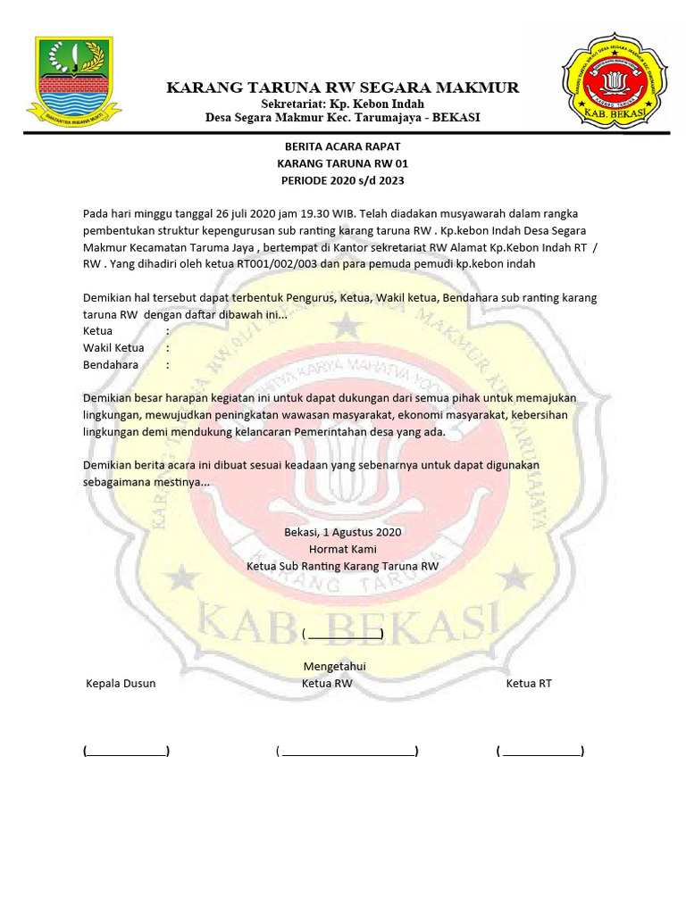 Berita Acara Rapat Karang Taruna RW 01 | PDF