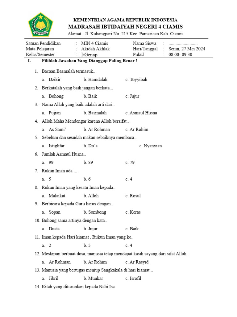 Soal Akidah Akhlak Kelas I MIN 4 Ciamis | PDF | Agama & Spiritualitas